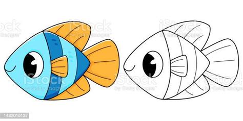 아이들을 위한 색칠 예제가 있는 물고기 색칠하기 책입니다 푸른 물고기와 색칠 공부 페이지 흑백 및 컬러 버전 벡터 어린이