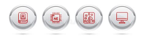 Set Line Artificial Intelligence Ai Processor Cpu Neural Network And Computer Monitor Silver