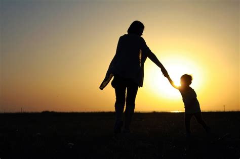 Silueta De Padre E Hijo Caminando Por El Campo Contra El Cielo Durante