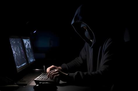 Free Photo Hooded Hacker Using Computer In Dark Room Computer