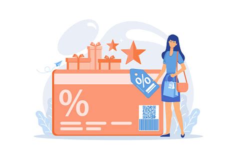 퍼센트 기호가있는 할인 카드와 할인 태그가있는 여성 로열티 프로그램 및 고객 서비스 소매 및 보상 카드 로열티 포인트 카드 Conceptflat 벡터 현대 일러스트 레이 션