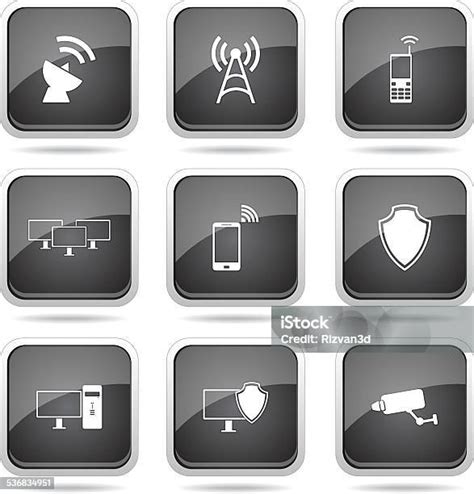 Telecom Communication Square Vector Black Button Icon Design Set Stock