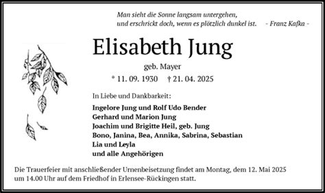 Traueranzeigen Von Elisabeth Jung Trauerop Onlinede
