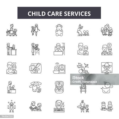보육 서비스 라인 아이콘 기호 설정 벡터 육아 서비스 개요 컨셉 일러스트 케어 아이 서비스 마음 사랑 손 가족 가족에 대한 스톡