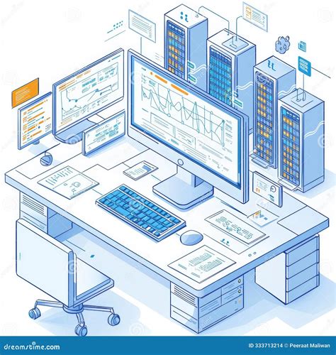 Futuristic Data Management And Analysis Workstation With Multiple Screens Stock Illustration
