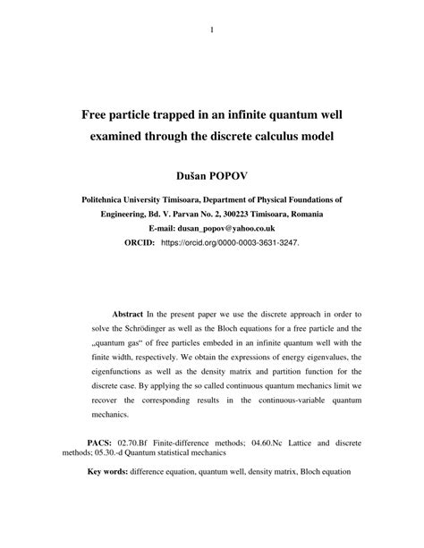 Pdf Free Particle Trapped In An Infinite Quantum Well Examined Through The Discrete Calculus Model