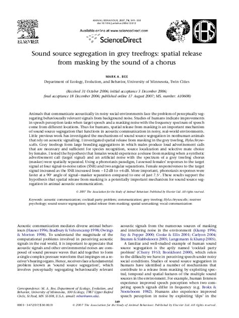 Pdf Sound Source Segregation In Grey Treefrogs Spatial Release From