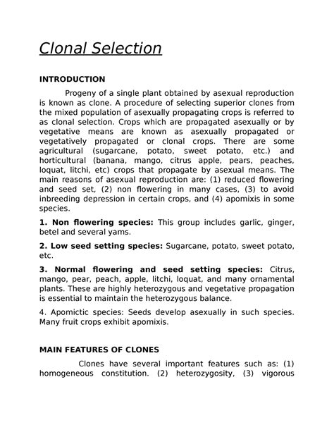 Clonal Selection Clonal Selection Introduction Progeny Of A Single Plant Obtained By Asexual