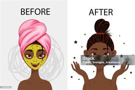 흑인 여성 캐릭터 이전과 이후화장품 마스크 만화 스타일 벡터 일러스트레이션 Shining Path에 대한 스톡 벡터 아트 및 기타 이미지 Shining Path 개념