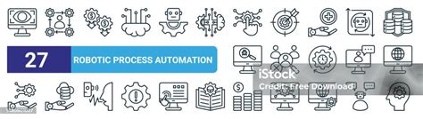 set of 27 outline web robotic process automation icons such as vision