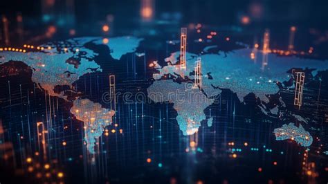 Digital Map Showcasing Global Connectivity With Illuminated Data Points And Network Graphs At