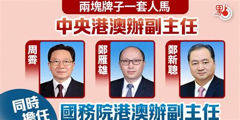 兩塊牌子一套人馬 中央港澳辦副主任周霽鄭雁雄鄭新聰同時擔任國務院港澳辦副主任 港聞 點新聞