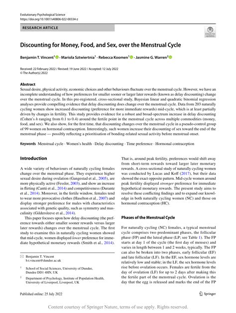 Pdf Discounting For Money Food And Sex Over The Menstrual Cycle
