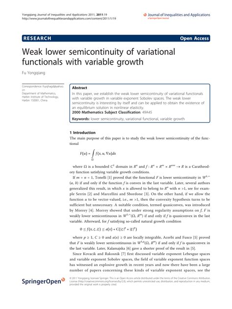 Pdf Weak Lower Semicontinuity Of Variational Functionals With Variable Growth