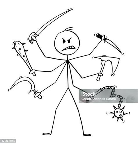 세이버 도끼 칼 클럽 낫과 도리깨같은 차가운 무기를 들고 여섯 팔을 가진 남자의 벡터 만화 그림 폭력의 개념 사람 모형 제작물에 대한 스톡 벡터 아트 및 기타 이미지