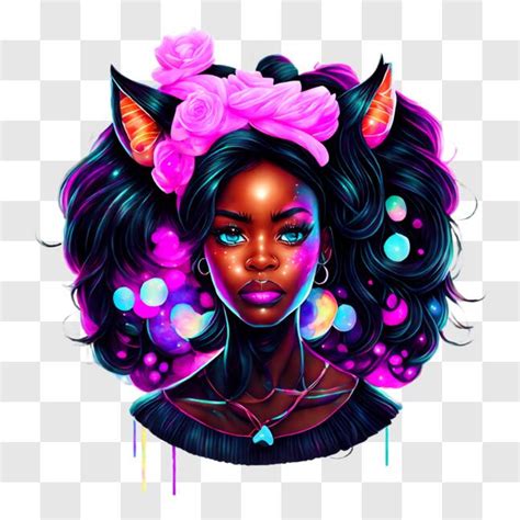 Download Fantasy Illustration Black Woman With Pink Hair And Cat Ears Png Online Creative Fabrica