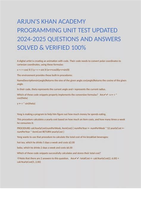 Arjuns Khan Academy Programming Unit Test Updated Questions And