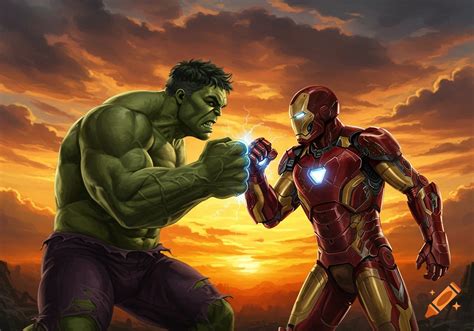 The Hulk And Iron Man Clash Fists Surrounded By A Dramatic Orange