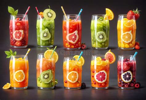 Fruit Juices In Glass Glasses With Orange Lemon And Kiwi Stock