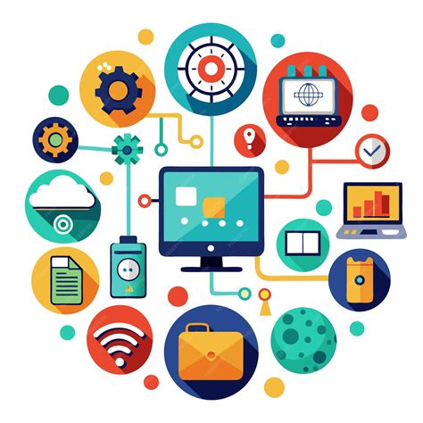 Colorful Network Of Computer Icons With Long Shadows Premium Ai