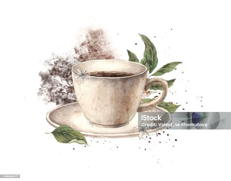 접시와 커피 나무의 가지가 있는 향기로운 커피 한 잔 배경에는 갈색 수채화 반점 커피 숍 레스토랑 메뉴 엽서의 디자인을위한 고립 된 그림 0명에 대한 스톡 벡터 아트 및