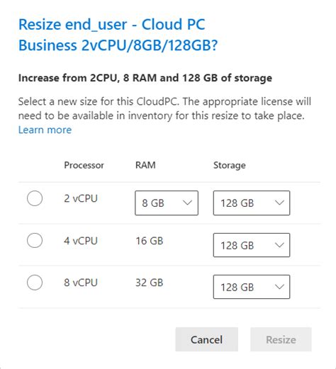 Resize A Windows 365 Business Cloud PC Microsoft Learn