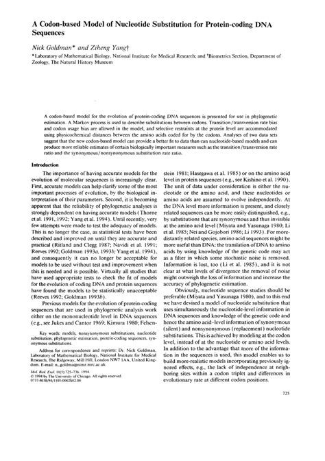 Pdf Codon Based Model Of Nucleotide Substitution For Protein Coding