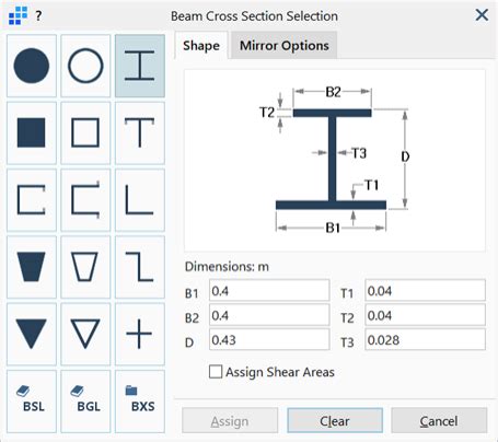 Properties Beam Cross Section Selection