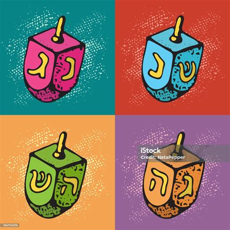 유태인 휴일 Hanukkah 인사말 카드입니다 전통 차 누 카 기호dreidels의 집합입니다 빛 패턴의 축제입니다 팝 아트 벡터 그림입니다 배경 주제에 대한 스톡 벡터