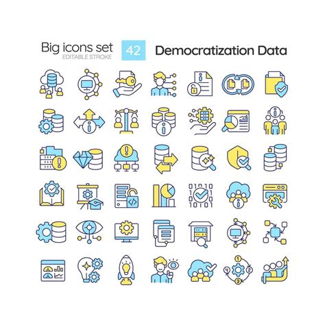 Editable Multicolor Big Icons Set Representing Data Democratization Isolated Vector Linear