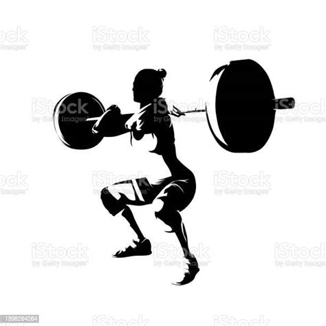 스쿼트 여자는 큰 바벨 고립 된 벡터 실루엣을 들어 올립니다 잉크 드로잉 역도에 대한 스톡 벡터 아트 및 기타 이미지 역도