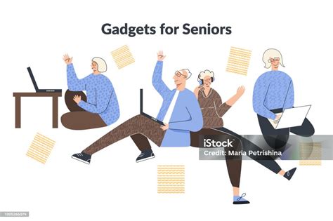 현대 기술 가젯노인 라이프 스타일 노트북 컴퓨터 헤드폰을 갖춘 노인 노인과 신사는 온라인 교육과 의사 소통입니다 플랫 만화 일러스트레이션 개체 그룹에 대한 스톡 벡터 아트