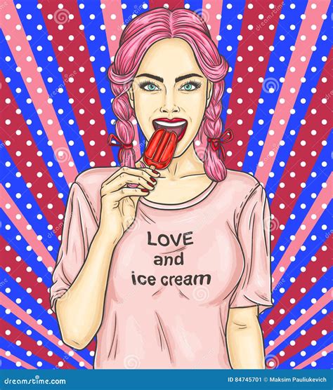 Pop Art Pin Up Young Girl Eating Eskimo Pie Vector Illustration