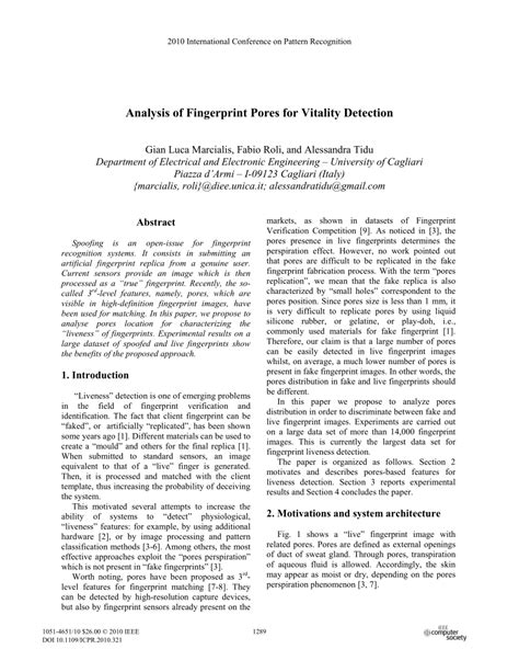 Pdf Analysis Of Fingerprint Pores For Vitality Detection