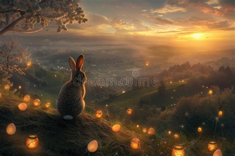 Rabbit Sitting At Hill While Looking At Twilight Sky With Fantasy Lamp AIG Stock Photo