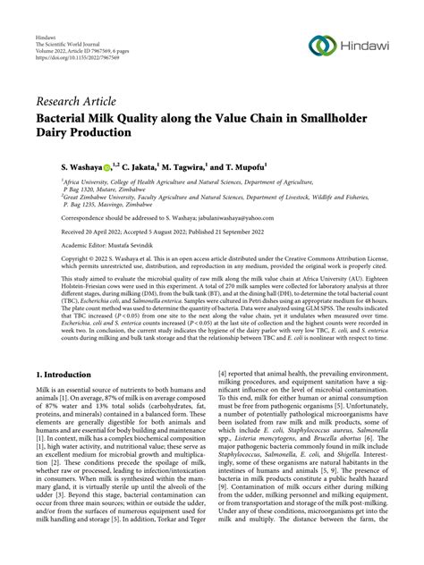 Pdf Bacterial Milk Quality Along The Value Chain In Smallholder Dairy Production