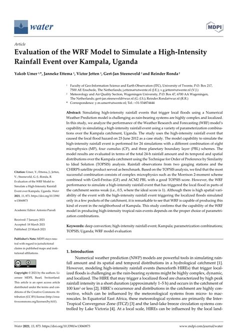 Pdf Evaluation Of The Wrf Model To Simulate A High Intensity Rainfall Event Over Kampala Uganda