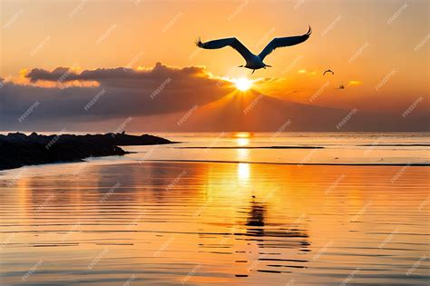 Premium Ai Image A Sunset With A Bird Flying Over The Water And A Sunset In The Background
