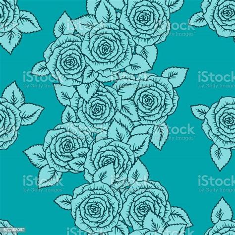 라이트 민트 녹색 배경에 정원 장미와 빈티지 벡터 완벽 한 패턴입니다 장미 꽃 잎과 작은 꽃 손으로 그린 스케치 배경 로맨틱 이벤트에 대 한 완벽 한 고풍스런에 대한 스톡