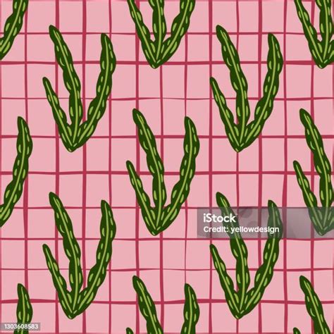 녹색 해초 장식과 추상 수생 원활한 패턴 분홍색 체크 백그라운드 유기농 인쇄 계절에 대한 스톡 벡터 아트 및 기타 이미지 계절 고풍스런 그리기 Istock