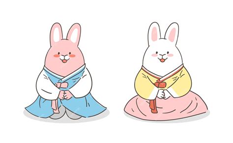 한복을 입은 토끼 캐릭터의 일러스트 프리미엄 벡터
