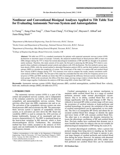 Pdf Nonlinear And Conventional Biosignal Analyses Applied To Tilt Table Test For Evaluating