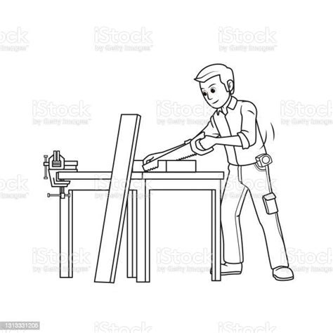 흰색 배경에 고립 된 목수의 벡터 그림입니다 직업과 직업 개념 만화 캐릭터 교육 및 학교 아이 색칠 페이지 인쇄 가능 활동 워크 시트 플래시 카드 수리공에 대한 스톡 벡터