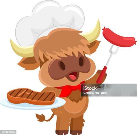 귀여운 하이랜드 소 요리사 만화 캐릭터 그릴 스테이크와 소시지로 접시를 들고 요리사에 대한 스톡 벡터 아트 및 기타 이미지 요리사 굽기 귀여운 Istock
