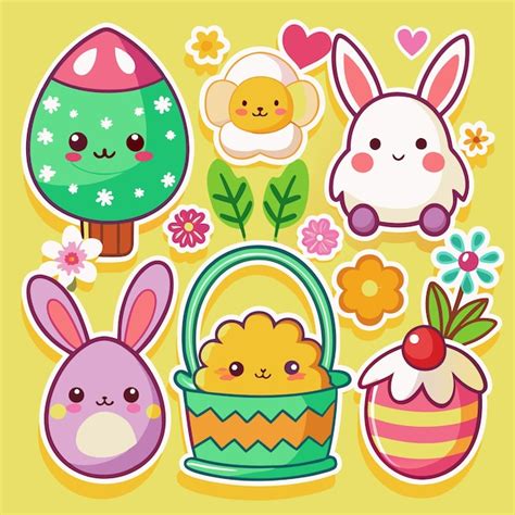 Cute Easter Characters And Objects Stickers Collection Premium Ai