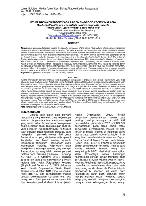 Pdf Studi Indeks Eritrosit Pada Pasien Diagnosis Positif Malaria