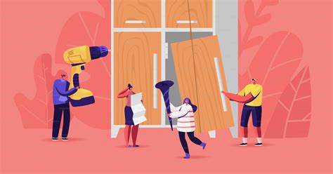 가구 조립 서비스 작은 캐릭터 목공 및 목공 과정 전기 드릴 못 및 수공구로 가정용 옷장을 조립하는 악기를 가진 사람들