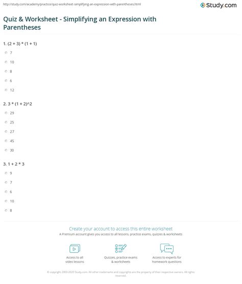 Quiz Worksheet Simplifying An Expression With Parentheses Study