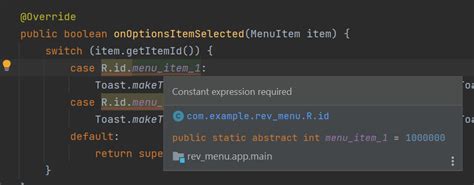 Show Red Line In Switch Case Statement With Menu In Android Studio