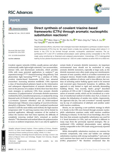 Pdf Direct Synthesis Of Covalent Triazine Based Frameworks Ctfs Through Aromatic